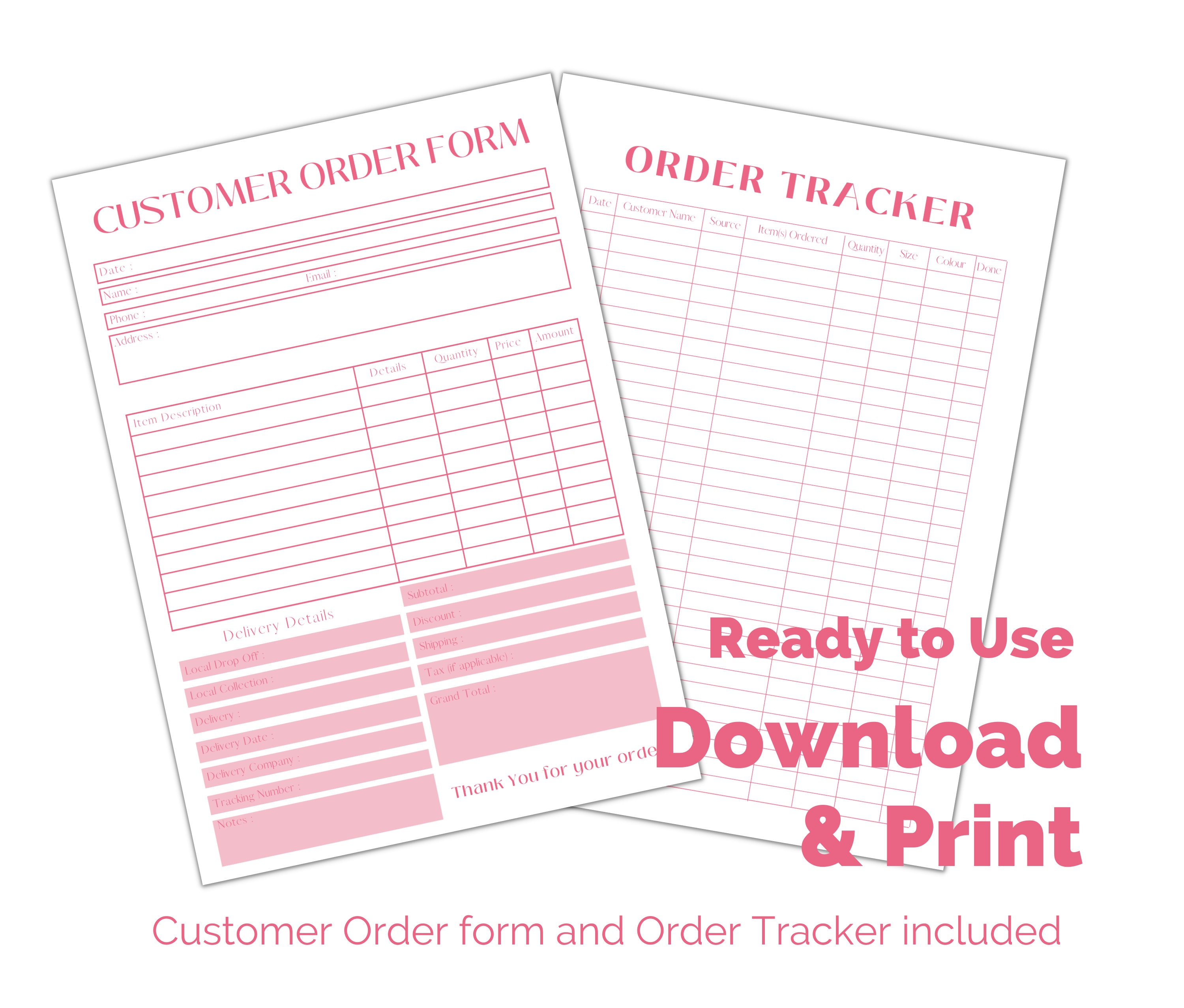 Pink Printable Customer Order Form & Order Tracker, Downloadable Small ...