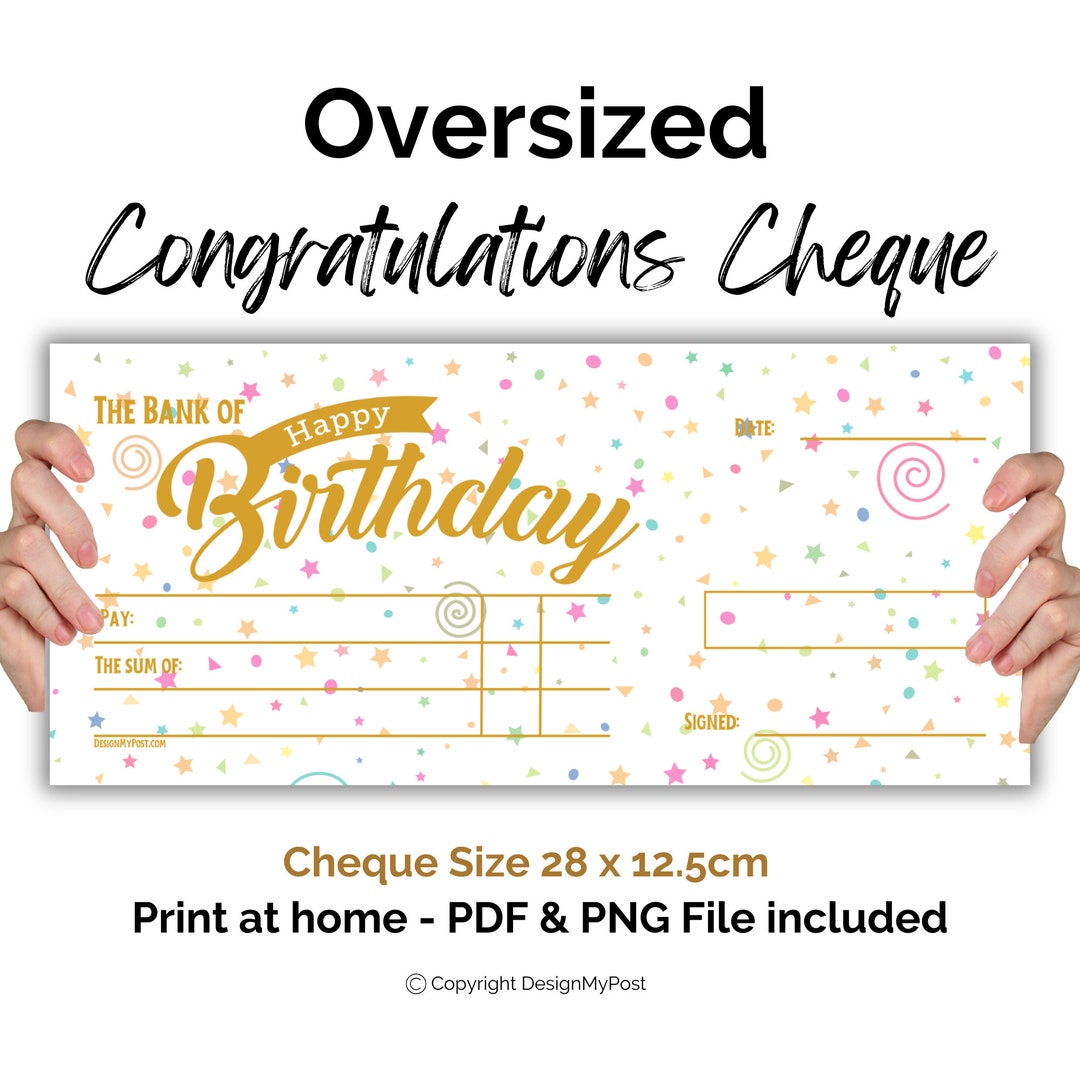 Large Birthday Cheque. Gifting Blank Cheque Template. Printable ...