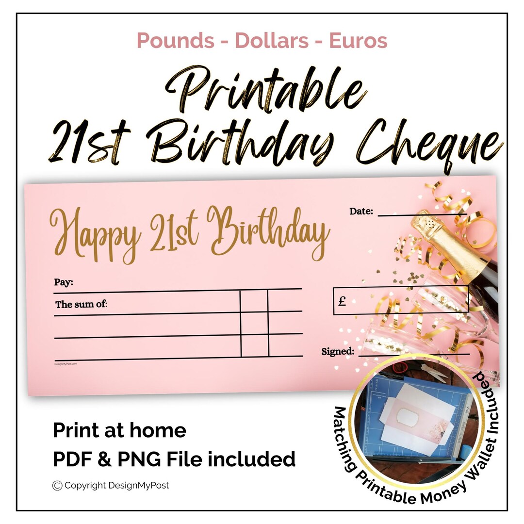 21st Birthday Gift Blank Cheque in Baby Pink. in Euros, Pounds, Dollars ...