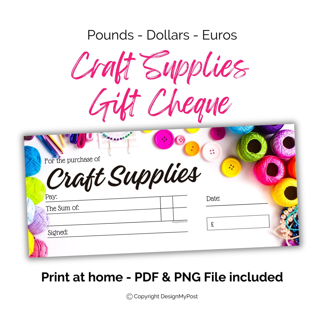 Craft Supplies Gifting Cheque. Printable Blank Cheque in Euros, Pounds ...