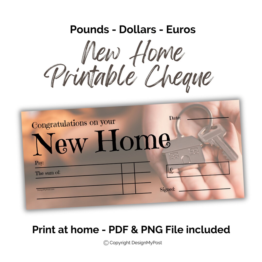 New Home Blank Cheque Template. House Warming Gift. Congratulations in ...