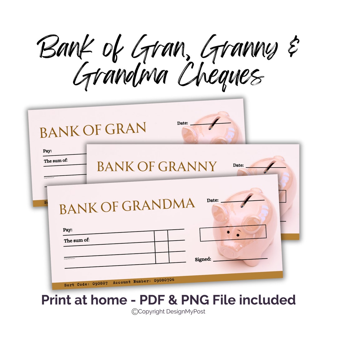 Grandma, Granny, Gran Printable Blank Money Gifting Cheque. Grandchild ...