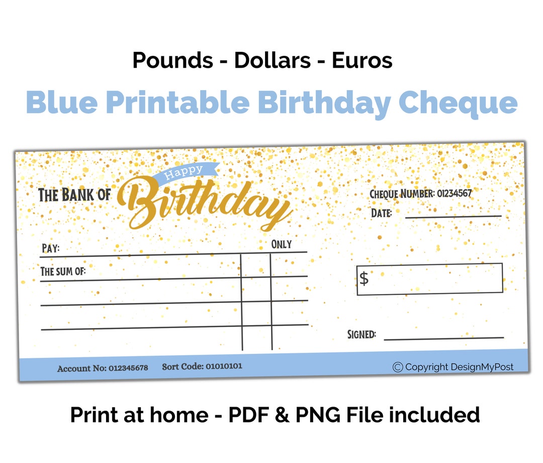 Blue Printable Birthday Cheque. Gift Cheque Template for Boys - Etsy UK