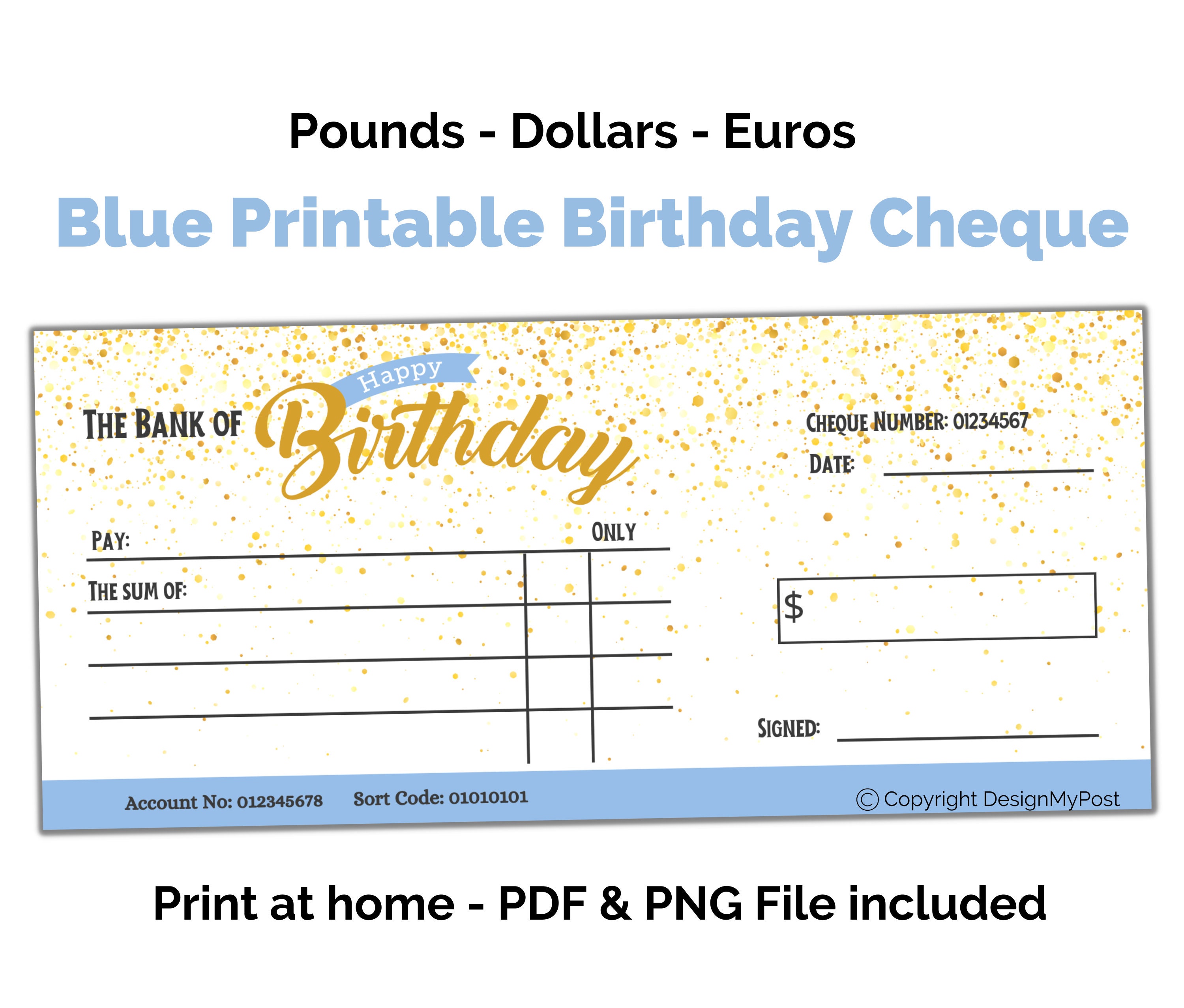 Blue Printable Birthday Cheque. Gift Cheque Template for Boys - Etsy UK
