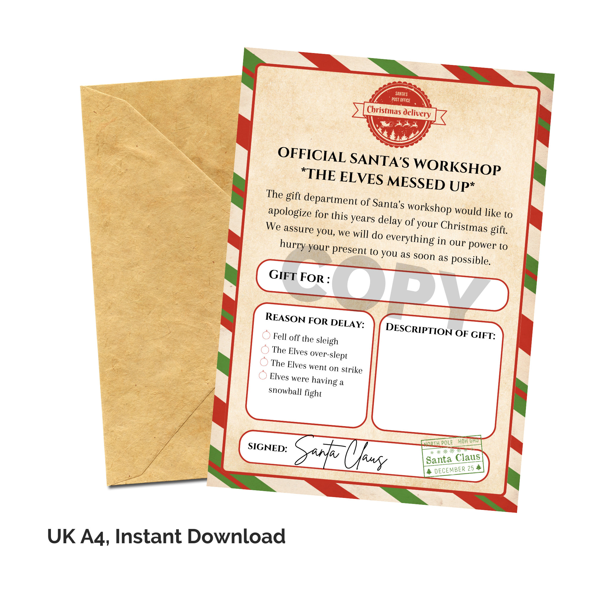 Printable Christmas Gift Delay Apology Letter. A4 Santa Post ...