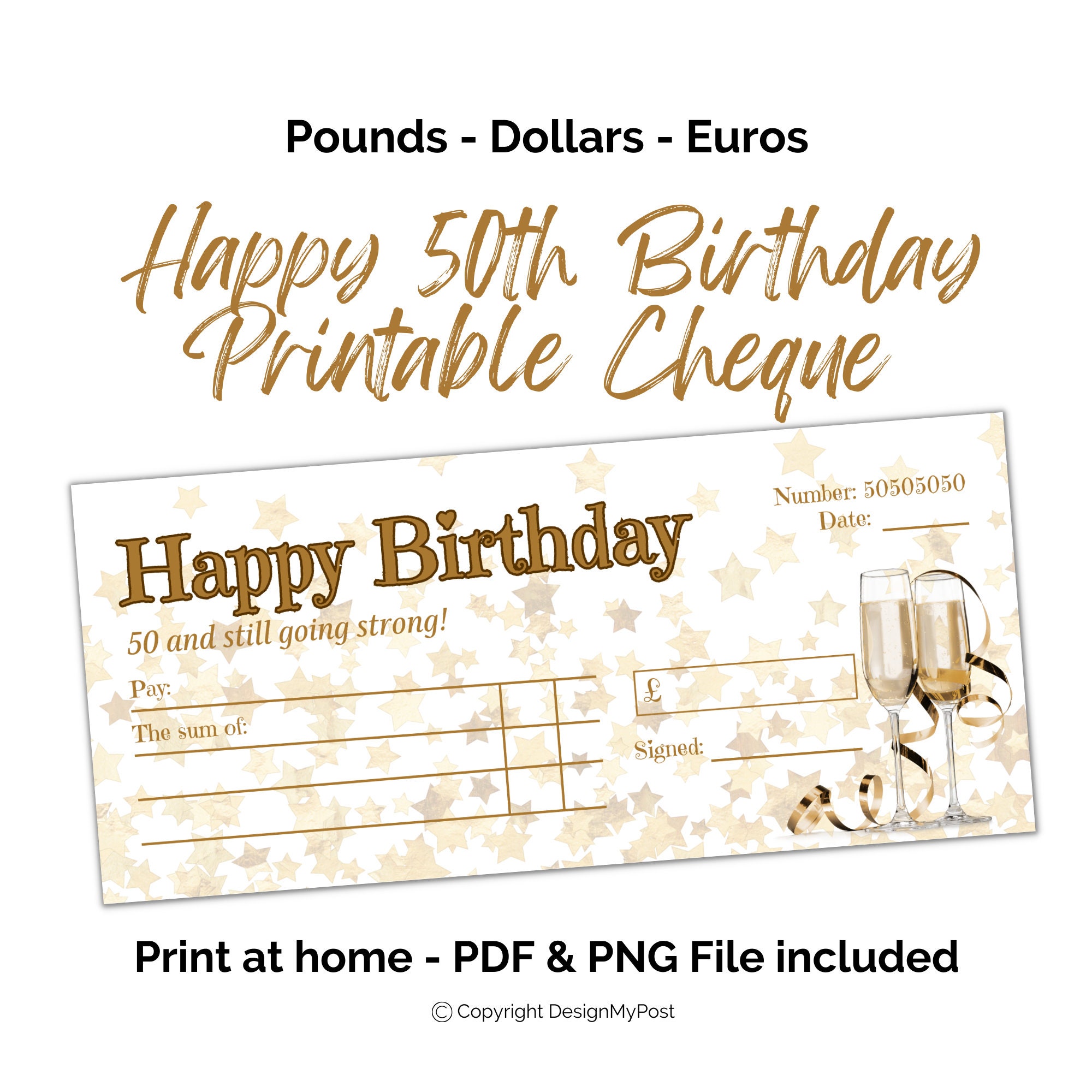 50th Printable Birthday Cheque. Gift Cheque Template, Euros, Pounds and ...