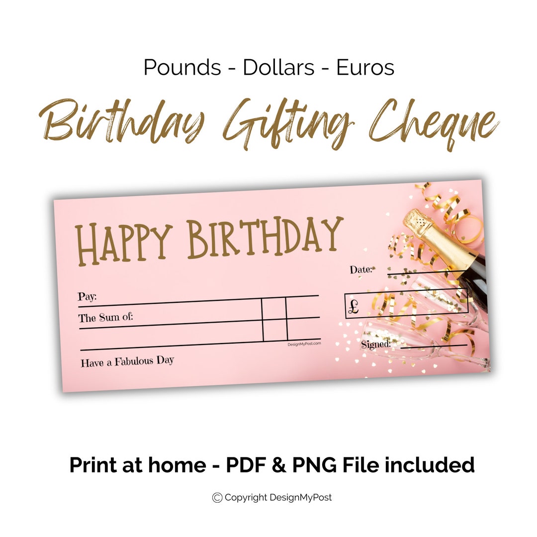 Birthday Gift Cheque. Printable Blank Cheque in Pink. 3 Variations ...