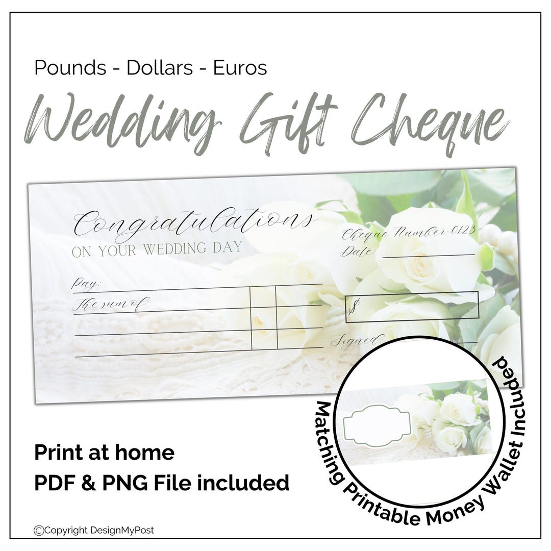 Wedding Gifting Blank Cheque Printable Wedding Money Gift for Newly ...