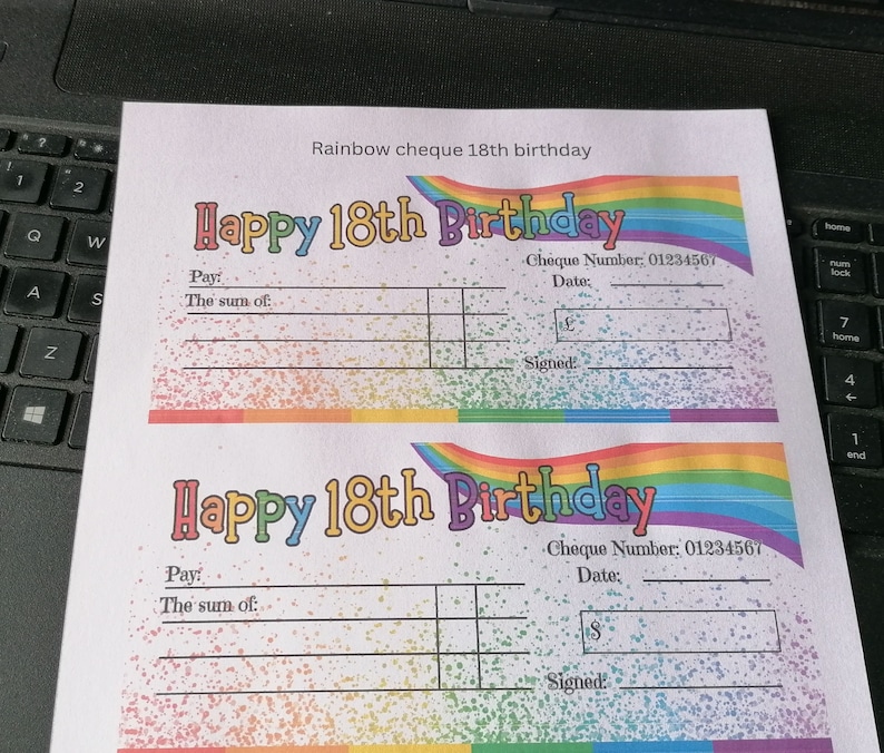 Printable 18th Birthday Rainbow Cheque: Money Gift Template (digital ...