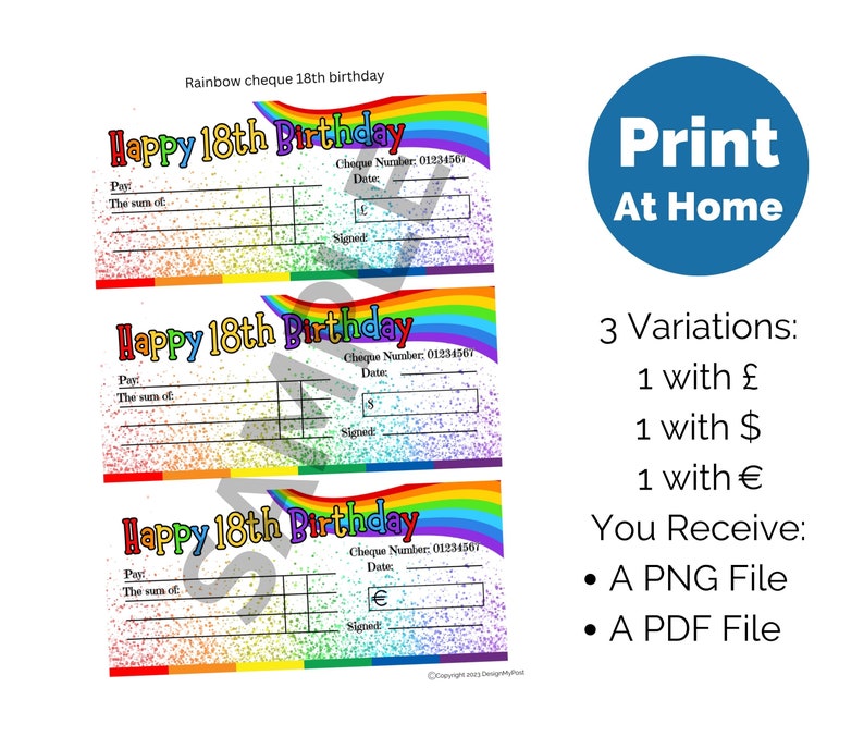 Printable 18th Birthday Rainbow Cheque: Money Gift Template (digital ...