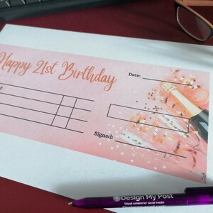 Pink 21st Birthday Oversized Cheque: Printable Money Gift (PDF & PNG ...