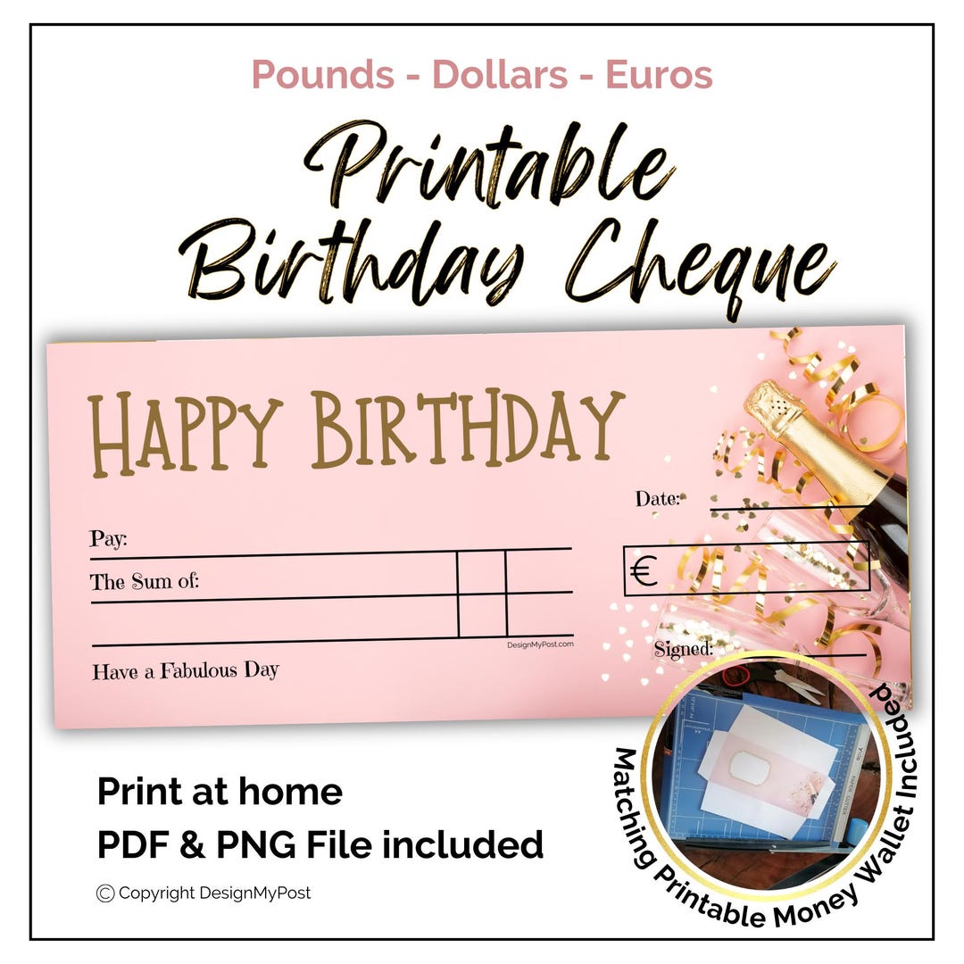 Birthday Gift Cheque Plus Money Envelop. Printable Blank Cheque in Pink ...
