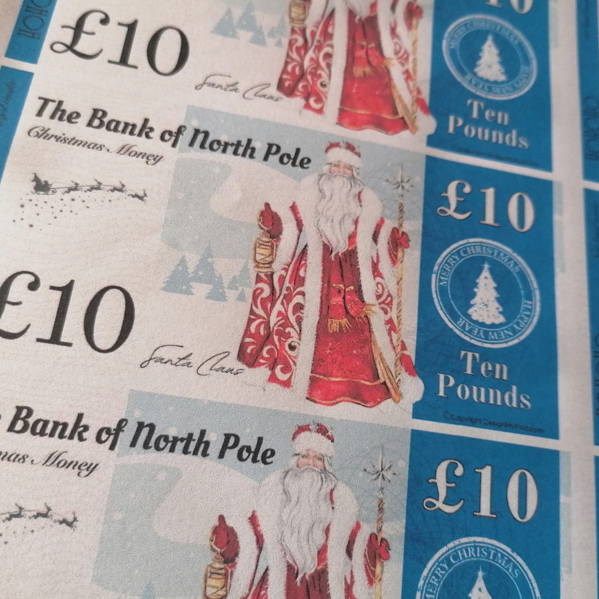 Christmas Cash, Ten Pounds Printable Santa Bank Notes. Pretend Fun Xmas ...