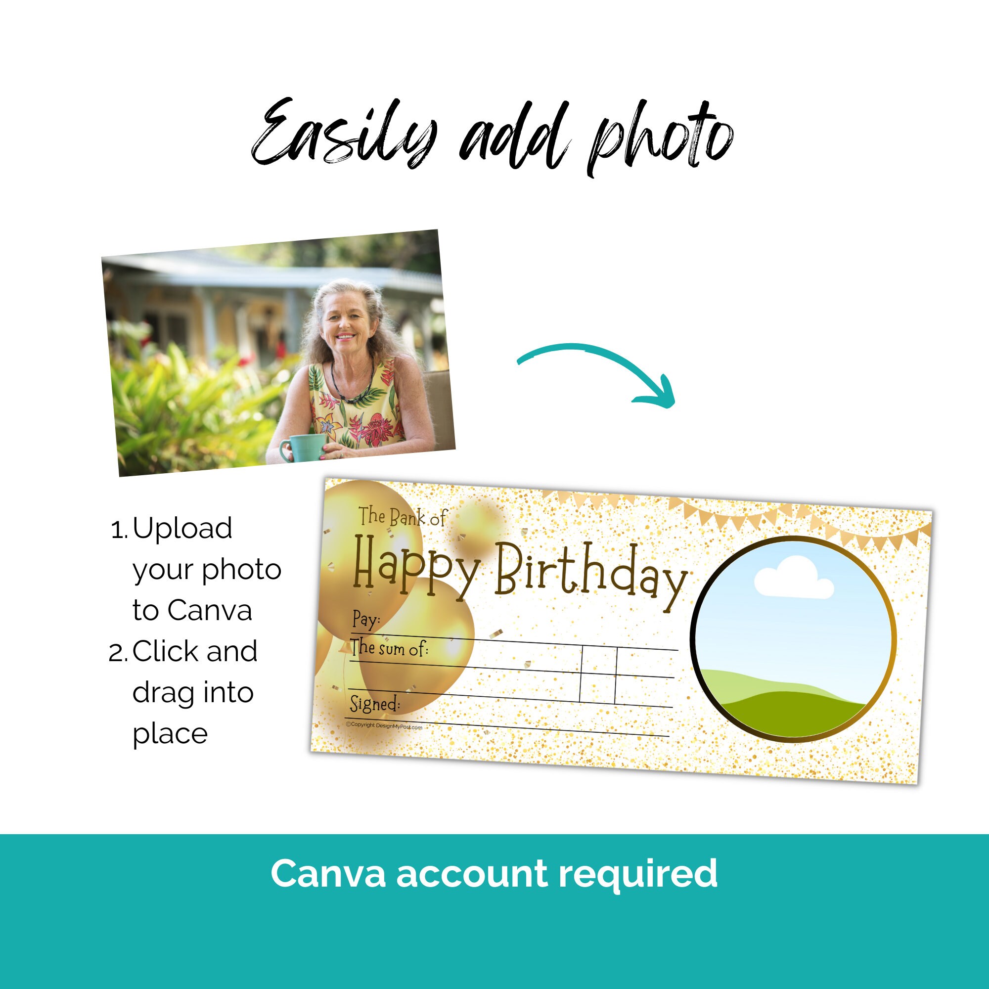 Photo Birthday Cheque With Gold Balloons. Print at Home Gift - Etsy