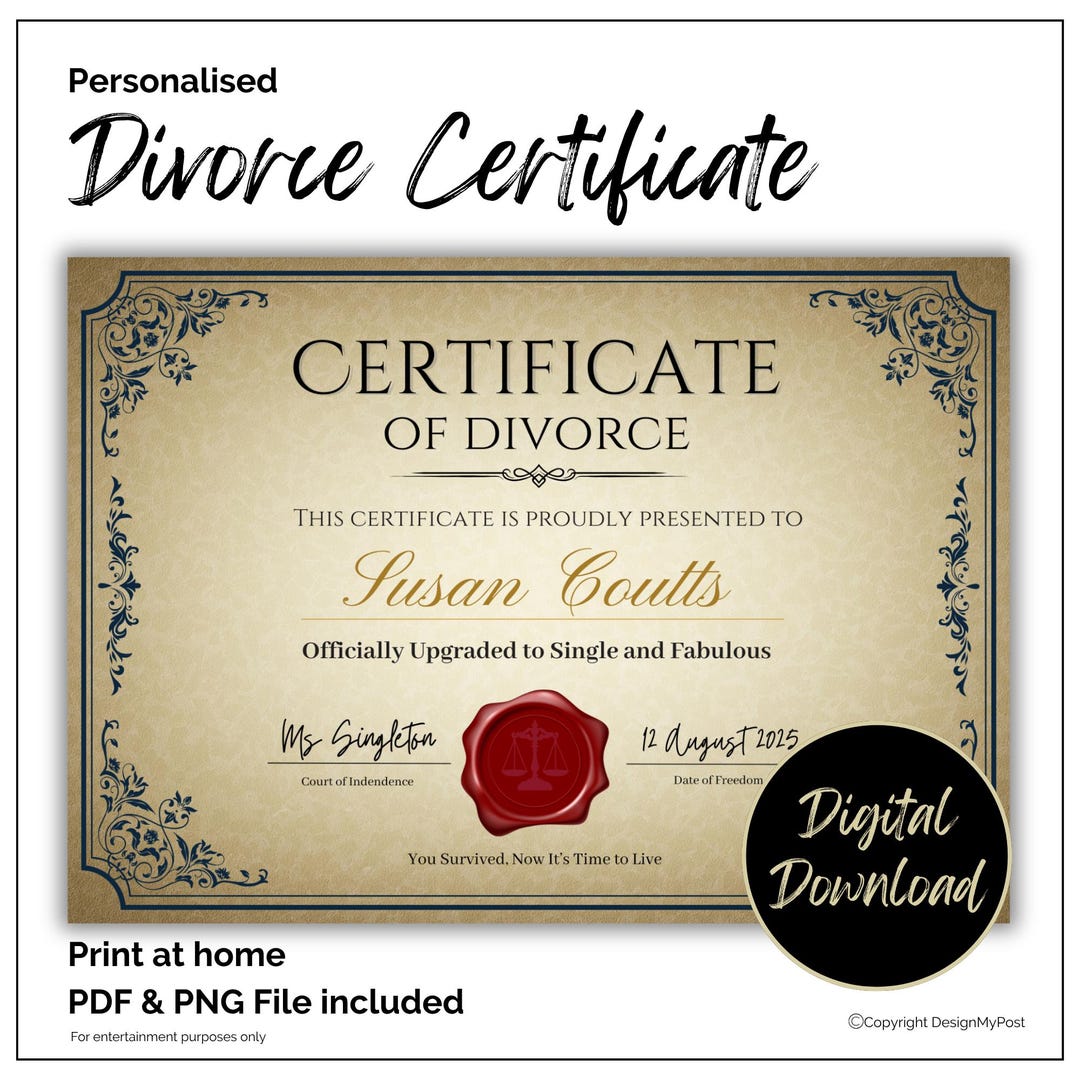 Printable Joke Divorce Certificate, Personalised, Digital Download - Etsy