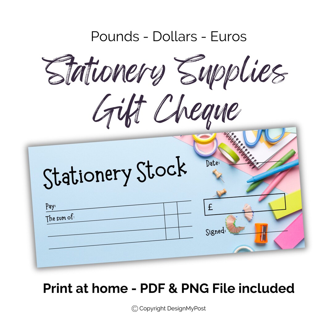 Stationery Stock Gifting Cheque. Printable Blank Cheque for Teachers or ...