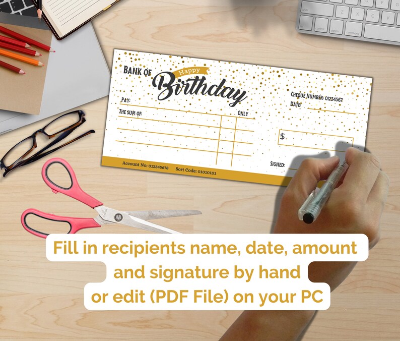 Gold Printable Birthday Cheque. Gift Cheque Template. Euros - Etsy