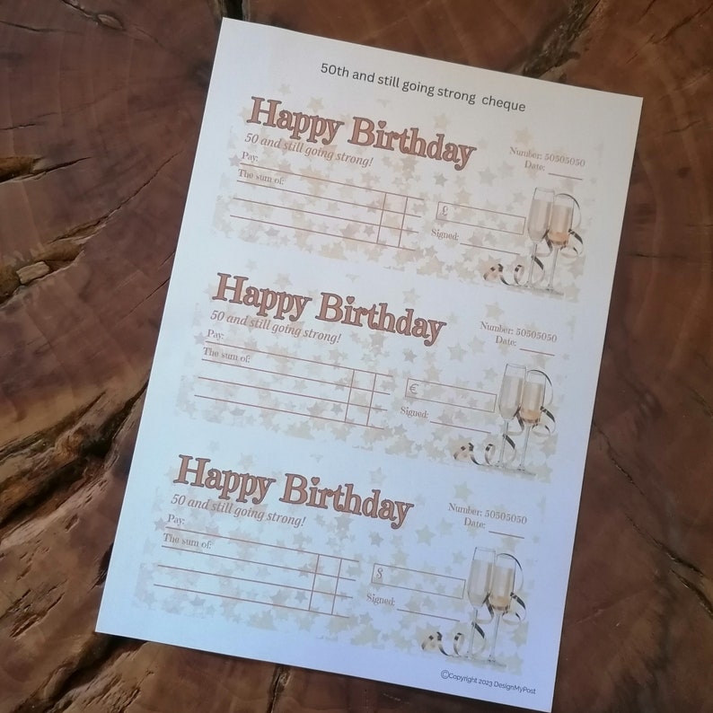 50th Printable Birthday Cheque. Gift Cheque Template, Euros, Pounds and ...