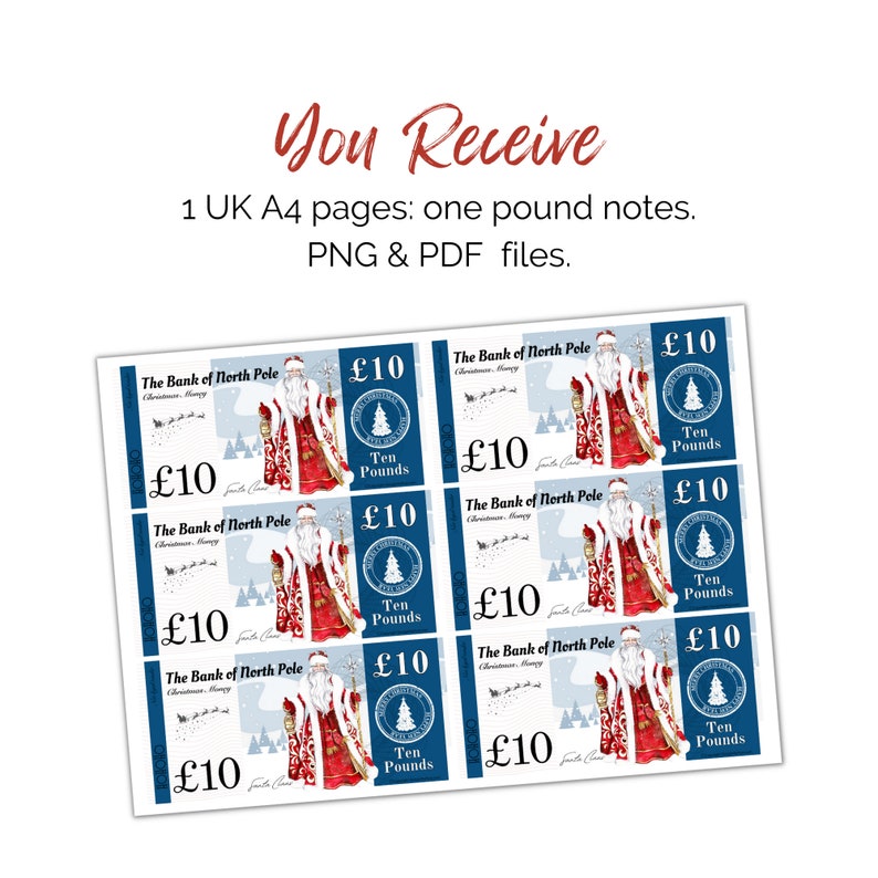 Christmas Cash, Ten Pounds Printable Santa Bank Notes. Pretend Fun Xmas ...