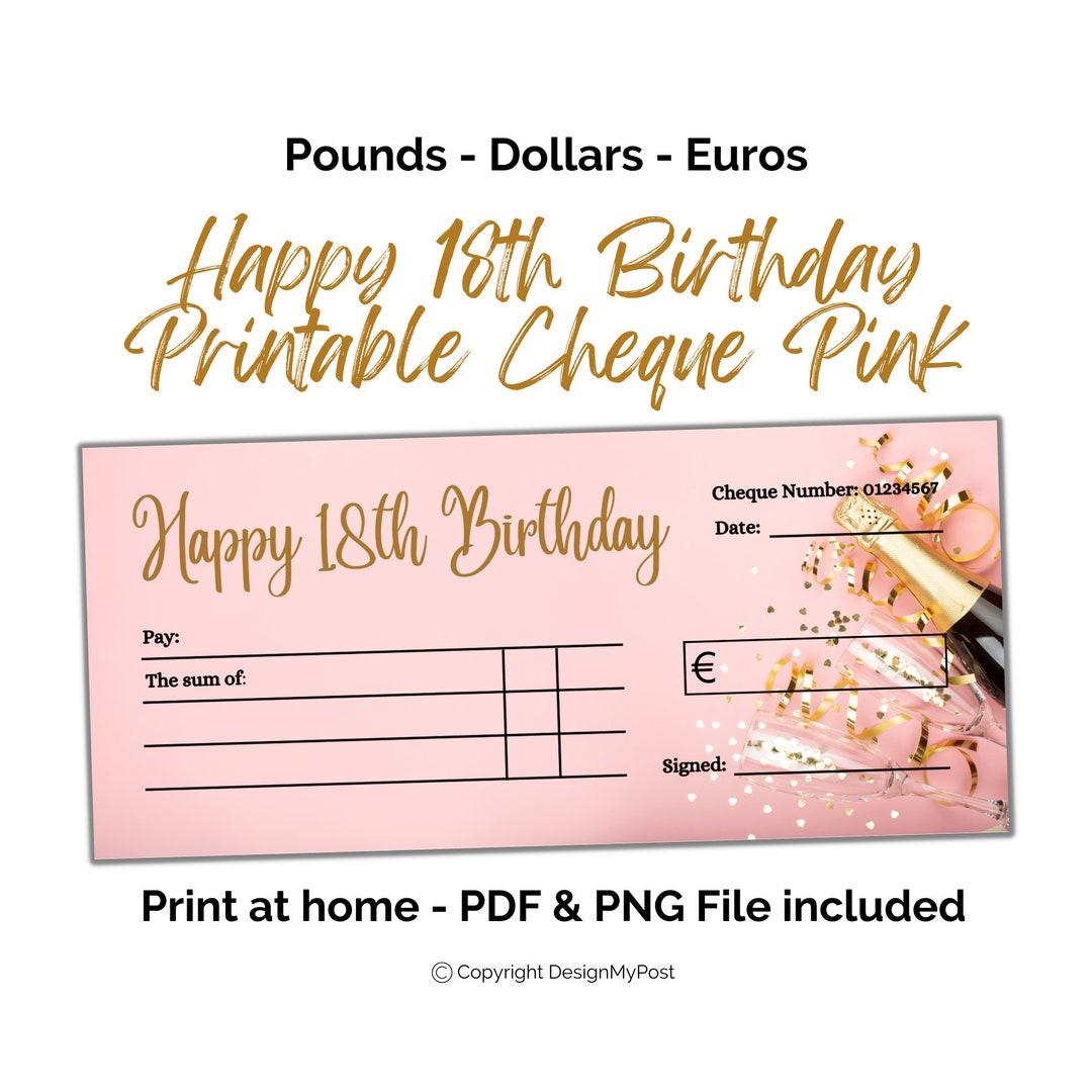18th Birthday Cheque in Pink. Gift Blank Cheque Template Euros, Pounds ...