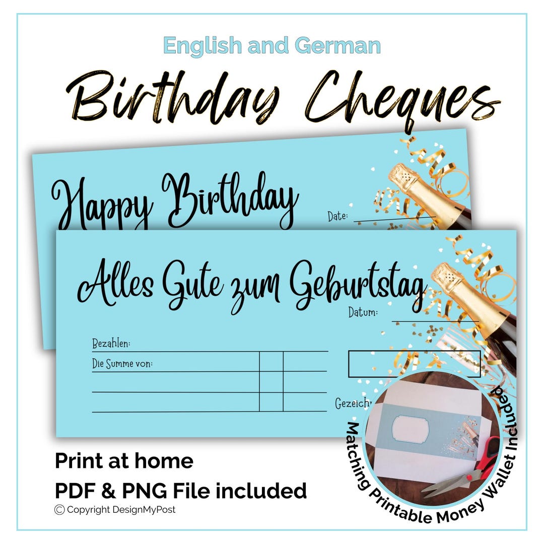 Printable Birthday Cheque Template: Blue Money Gift Wallet (digital ...