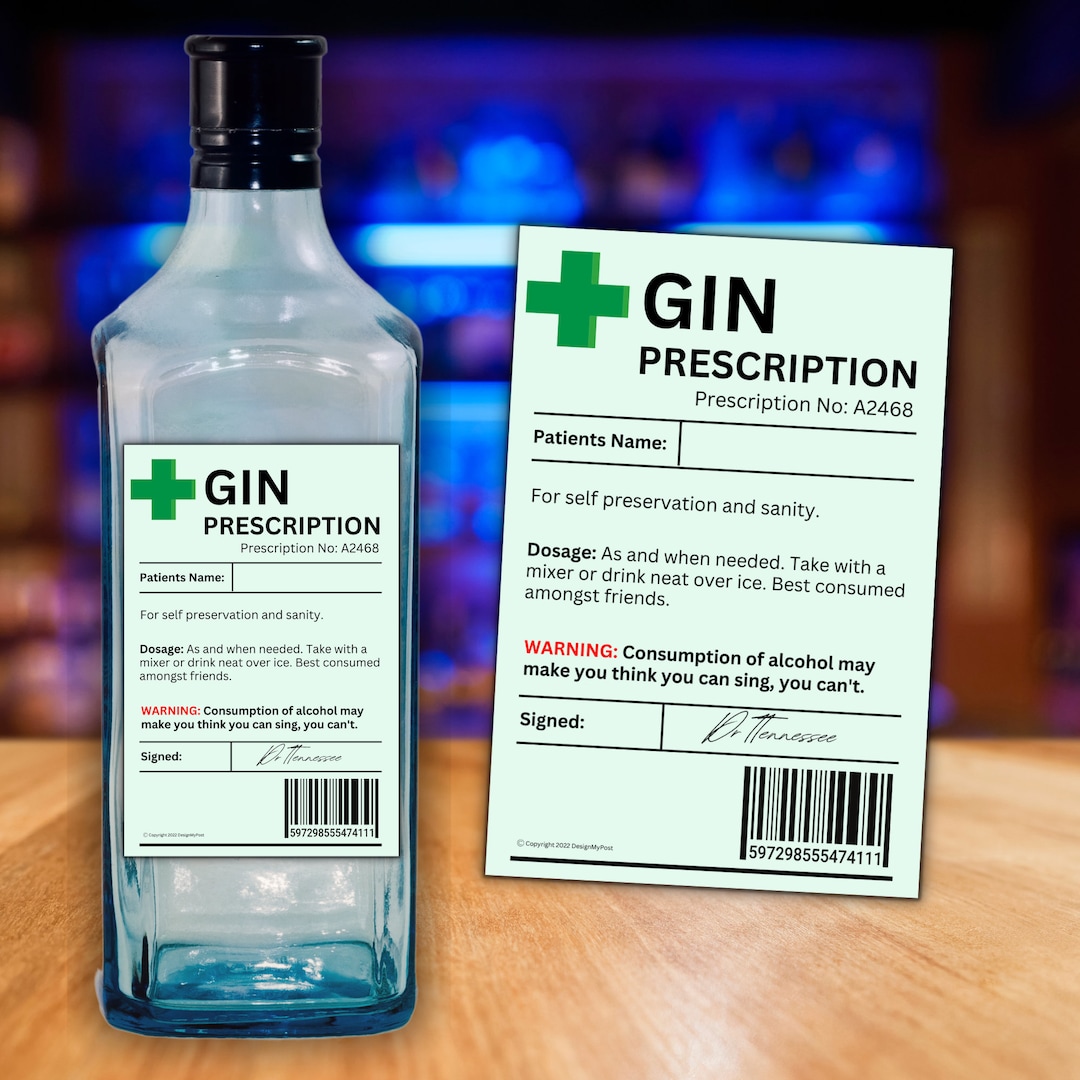 Gin Prescription Label. Printable Novelty Gift. Funny Gift. Digital ...