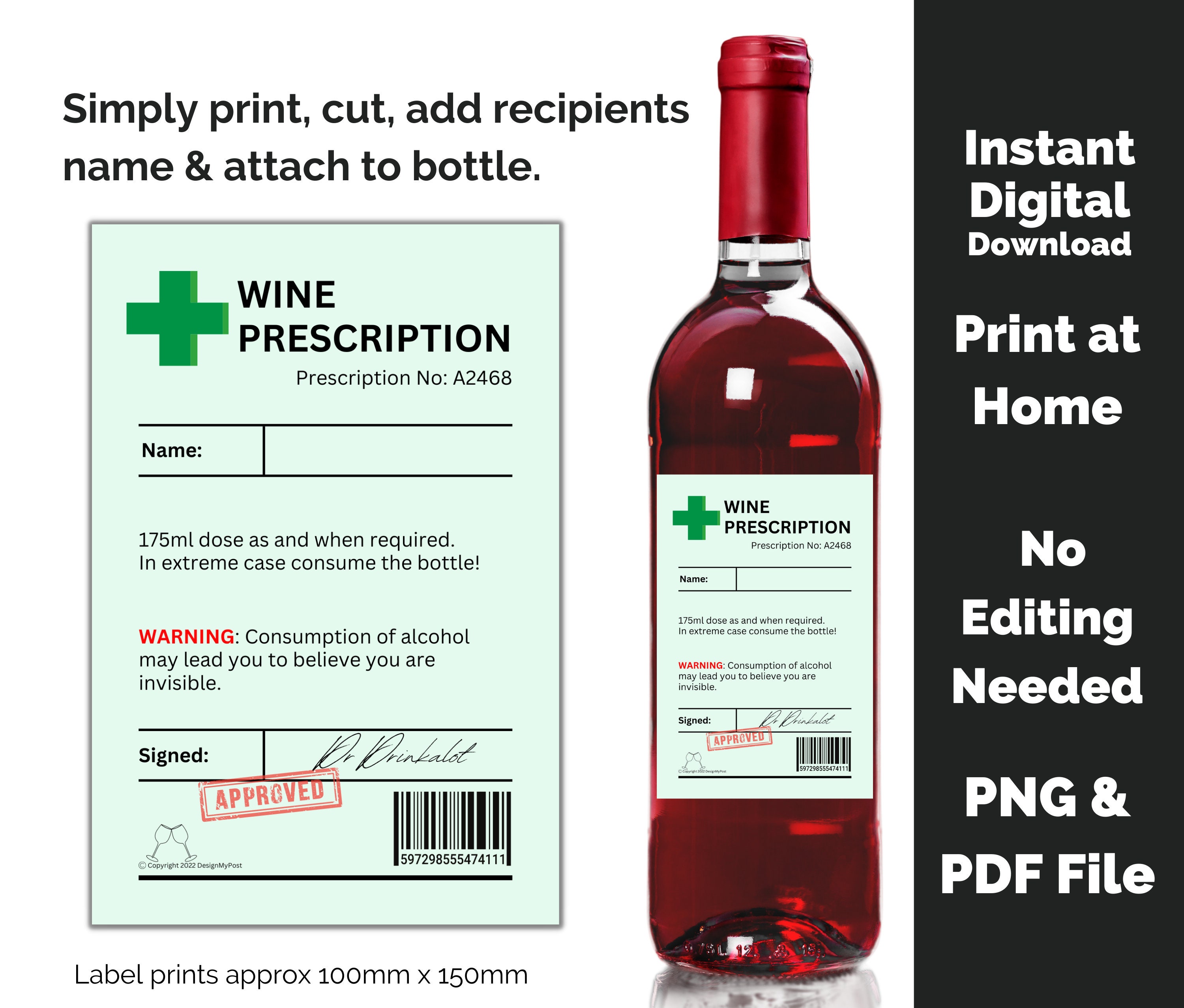 Funny Wine Prescription Label. Printable Novelty Gift. Digital - Etsy UK