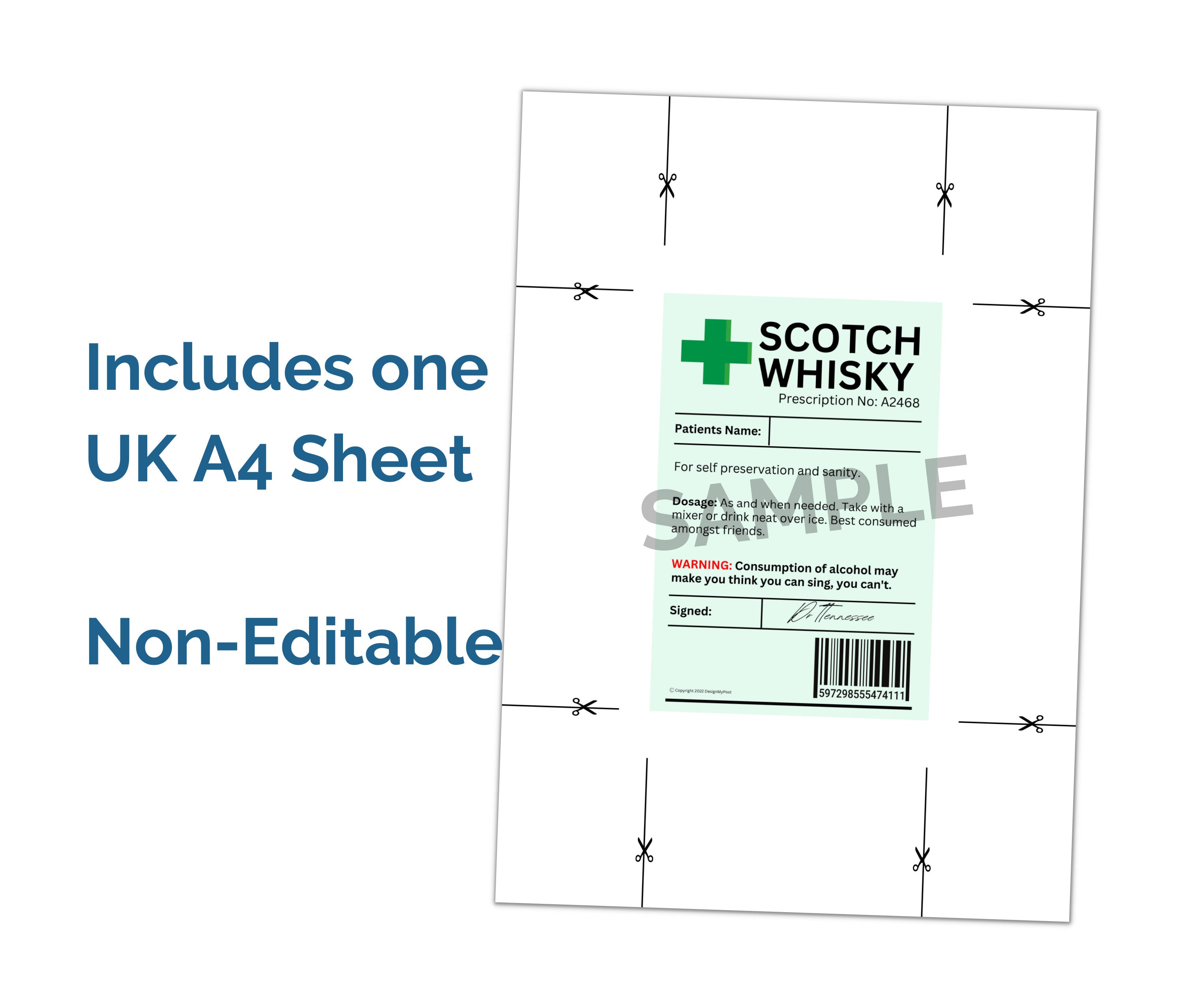 Scotch Whisky Prescription Label Printable Novelty Gift Funny Gift for ...