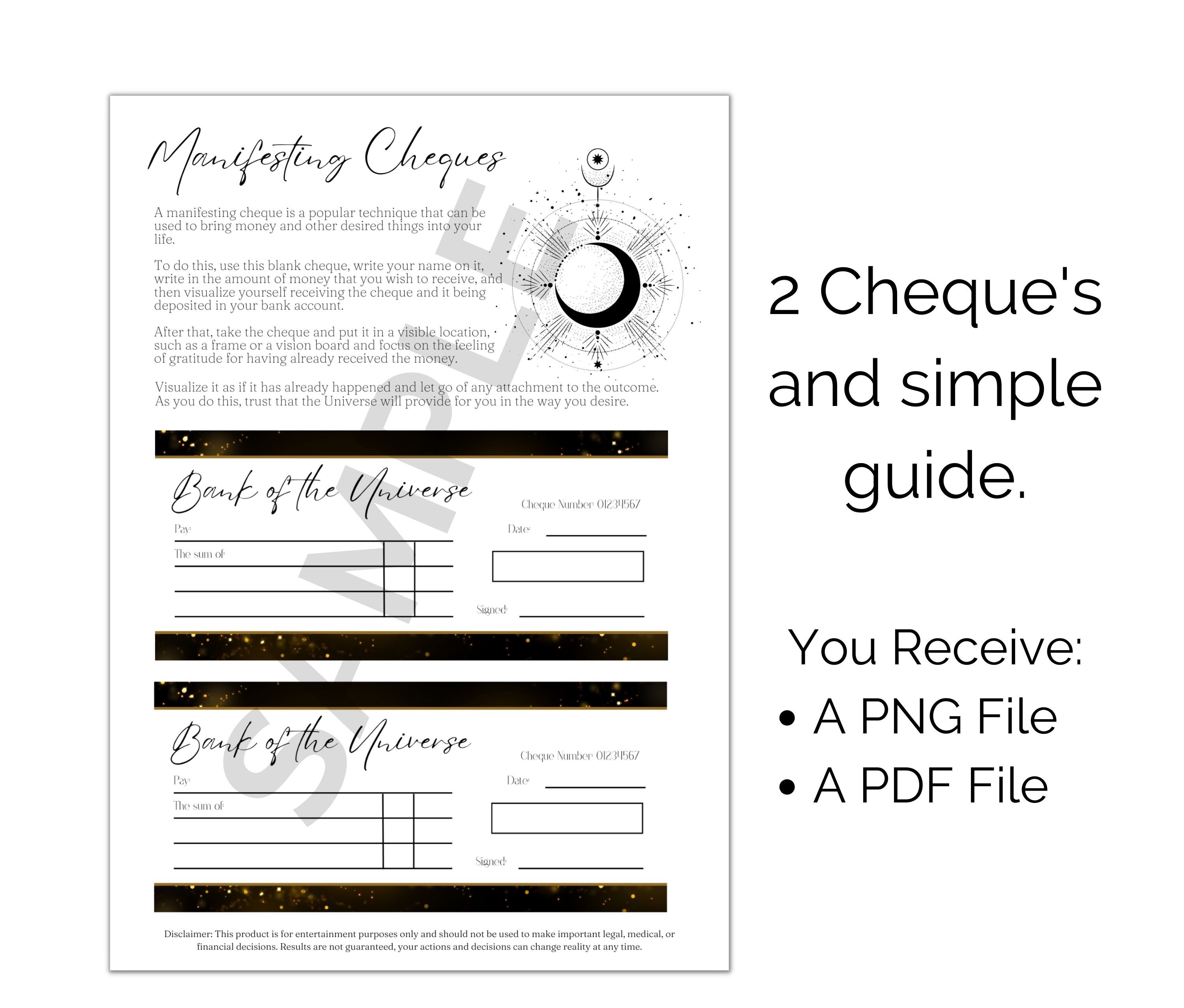 Black and Gold Manifestation Cheques X 2 Law of Attraction Blank ...