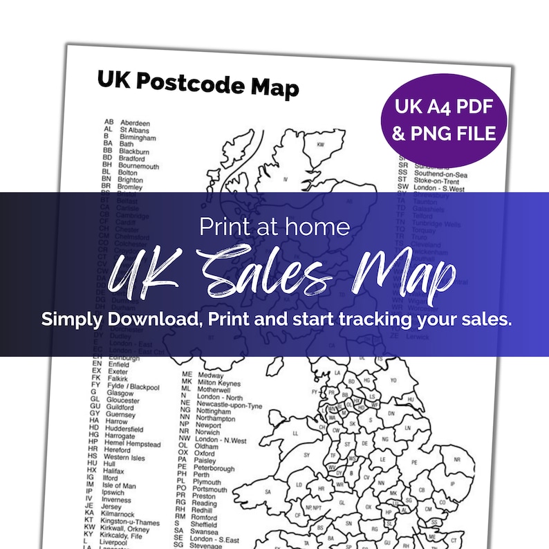 Printable UK Postcode Map. Etsy Sales Tracker. A4 Print at Home. Colour ...