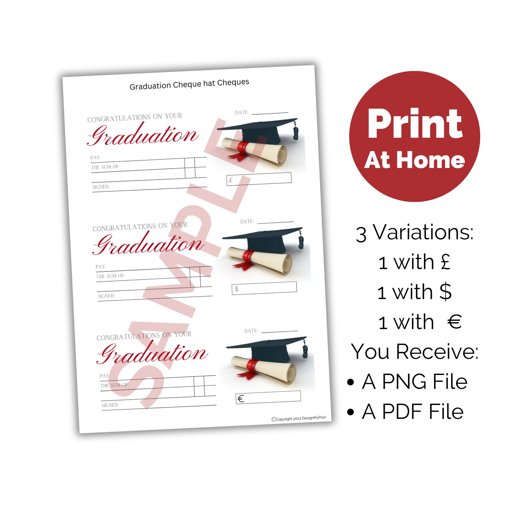 Graduation Cheque. Printable Gifting Blank Check. Euros, Pounds and ...