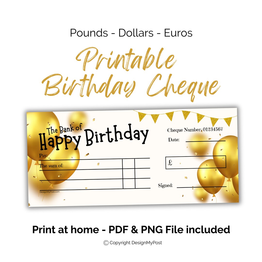 Printable Birthday Cheque With Gold Balloons. Gift Cheque Template ...