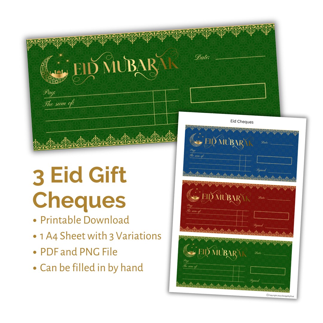 Eid Mubarak Gift Cheque Blank Cheque Template For Eid Money Gift For ...