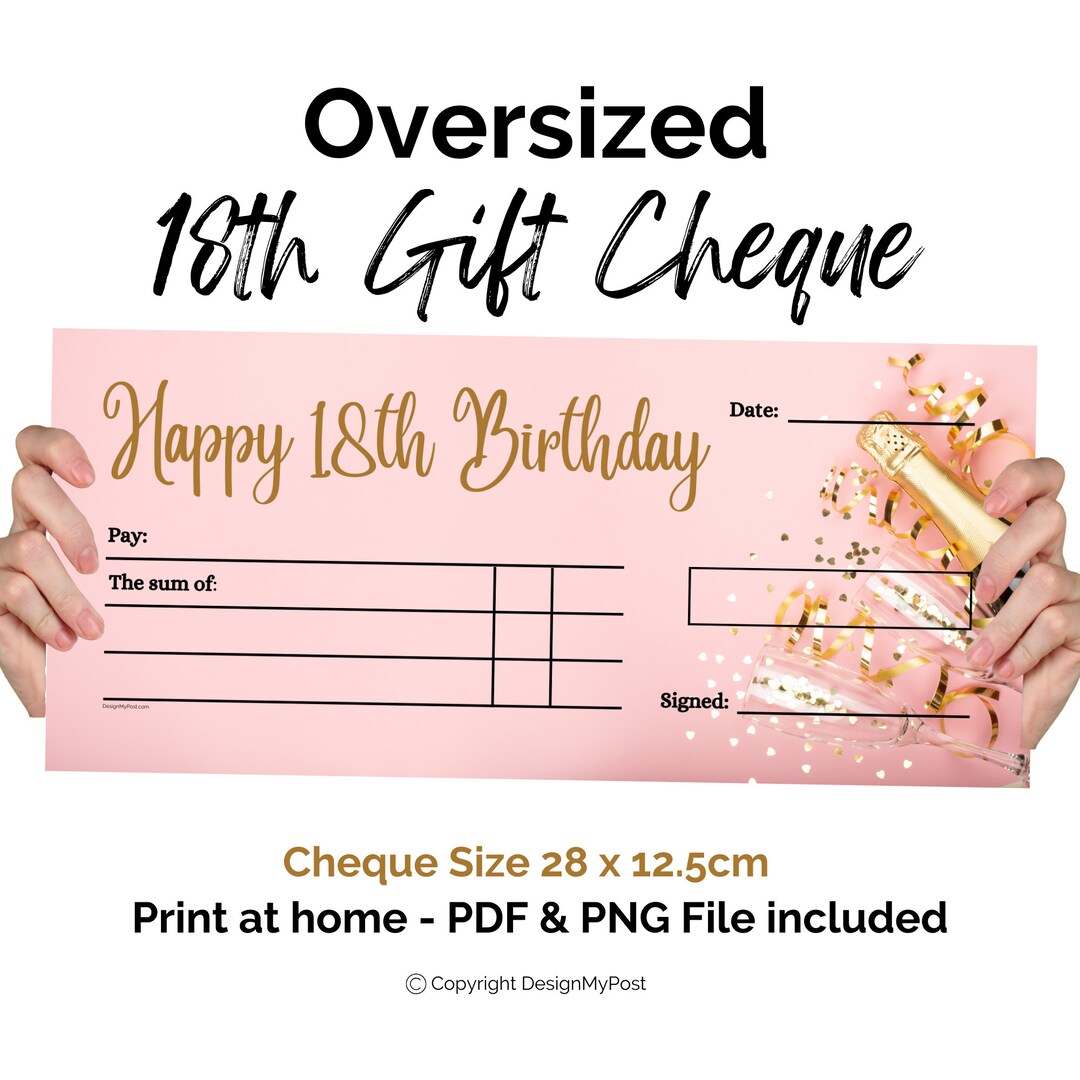 Large Cheque for 18th Birthday in Pink. Gifting Blank Cheque Template ...