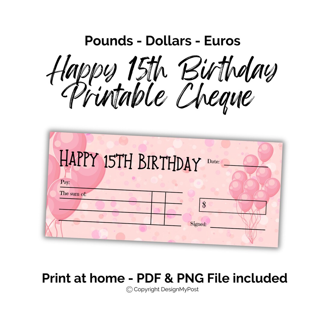 Pink Blank Cheque for 15th Birthday. Printable Cheque Template - Etsy UK