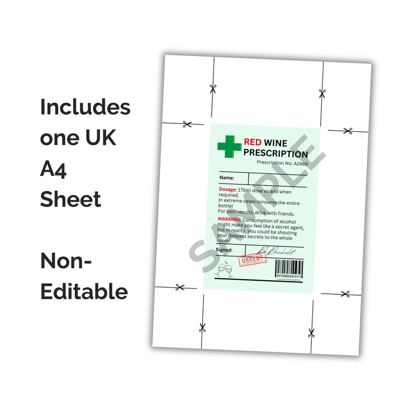Red Wine Prescription Label. Printable Novelty Gift for Wine Lover ...