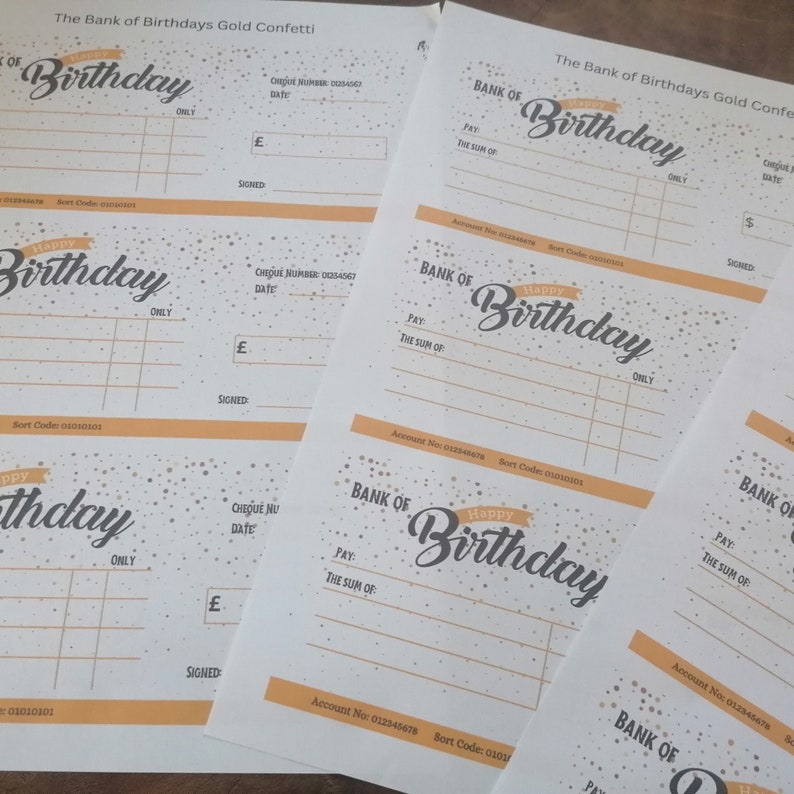 Gold Printable Birthday Cheque. Gift Cheque Template. Euros, Pounds ...