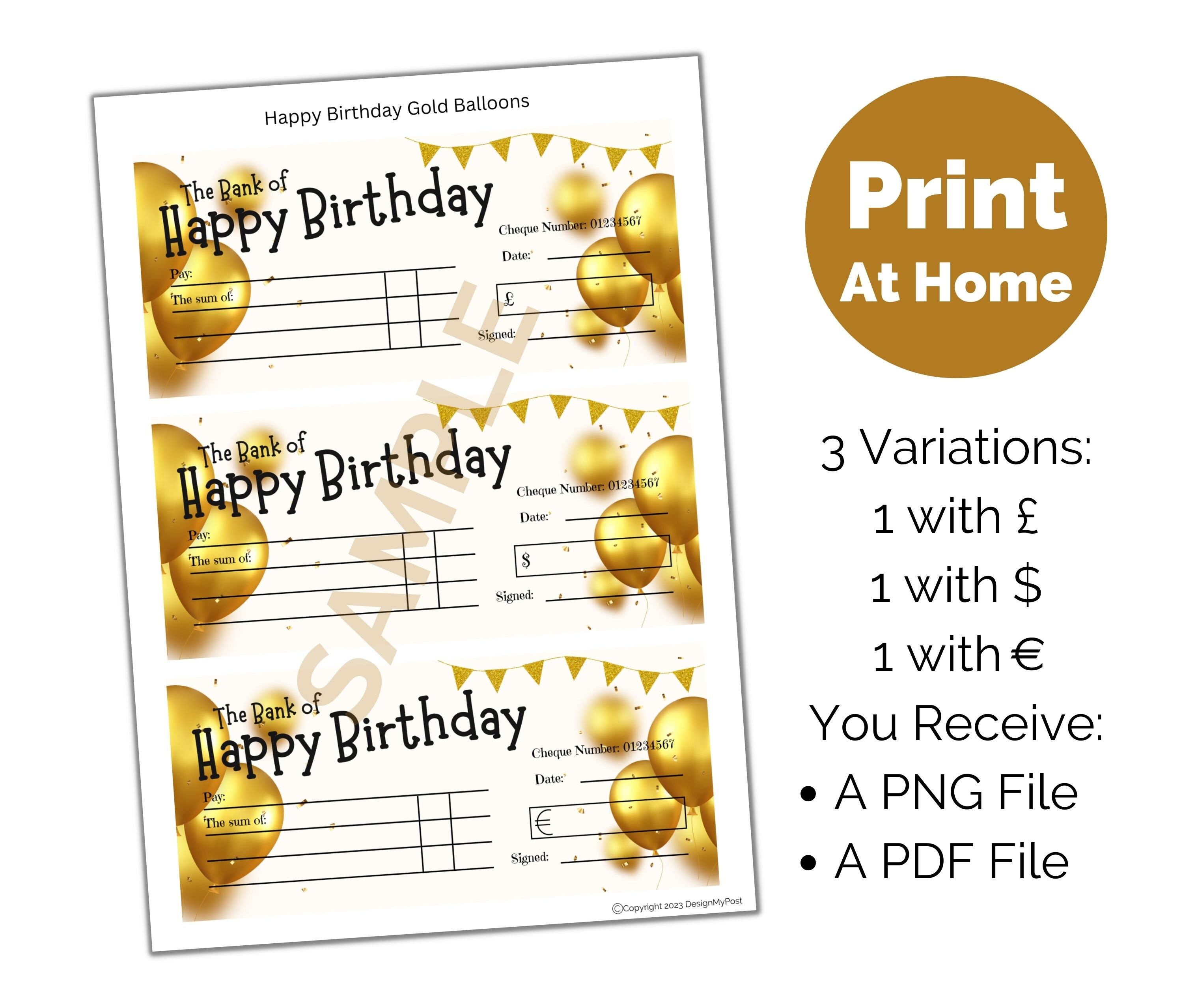Printable Birthday Cheque With Gold Balloons. Gift Cheque Template ...
