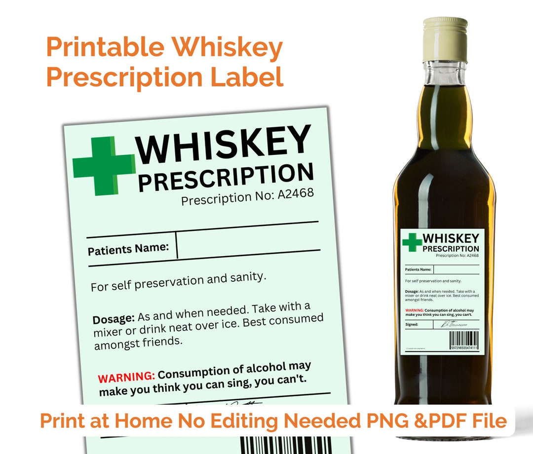 Whiskey Prescription Label. Printable Novelty Gift. Funny - Etsy