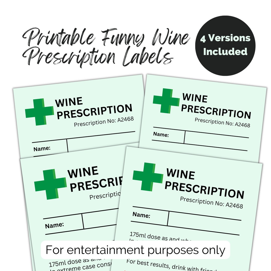 Funny Wine Prescription Label. Printable Novelty Gift. Digital Download ...