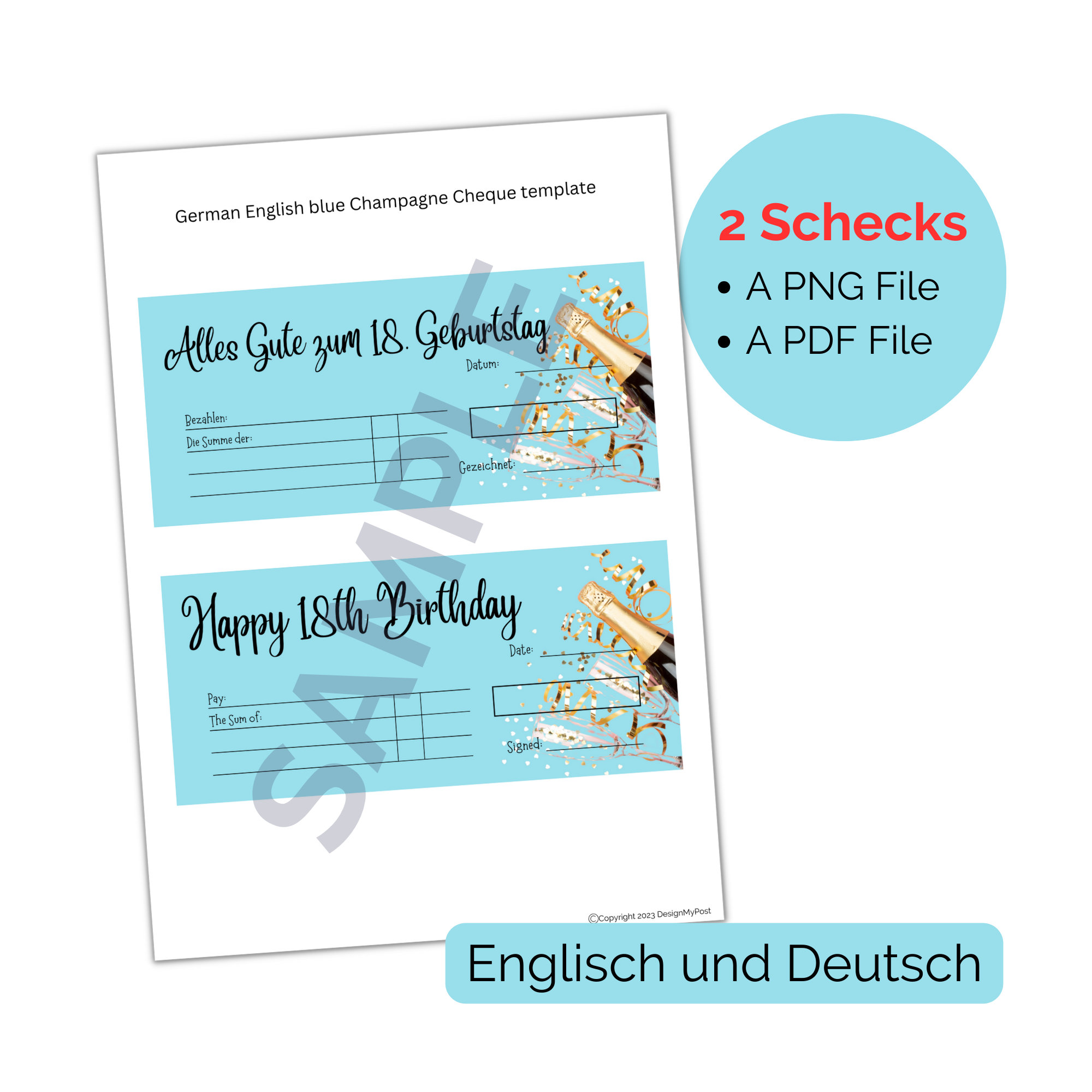 18. Blankoscheck Blau, Scheck Zum Geburtstag Birthday Cheque in German ...
