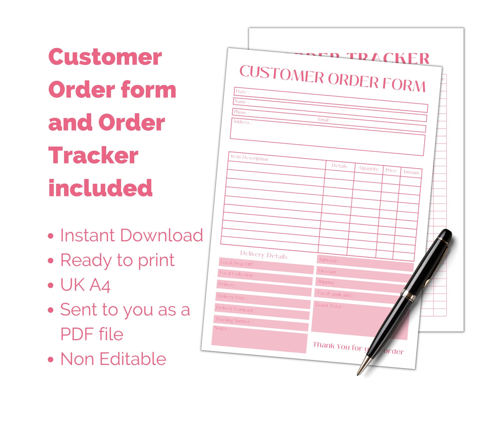 Pink Printable Customer Order Form & Order Tracker, Downloadable Small ...