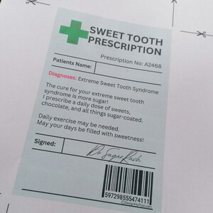Sweet Tooth Prescription Label. Printable Novelty Gift. Funny Gift for ...