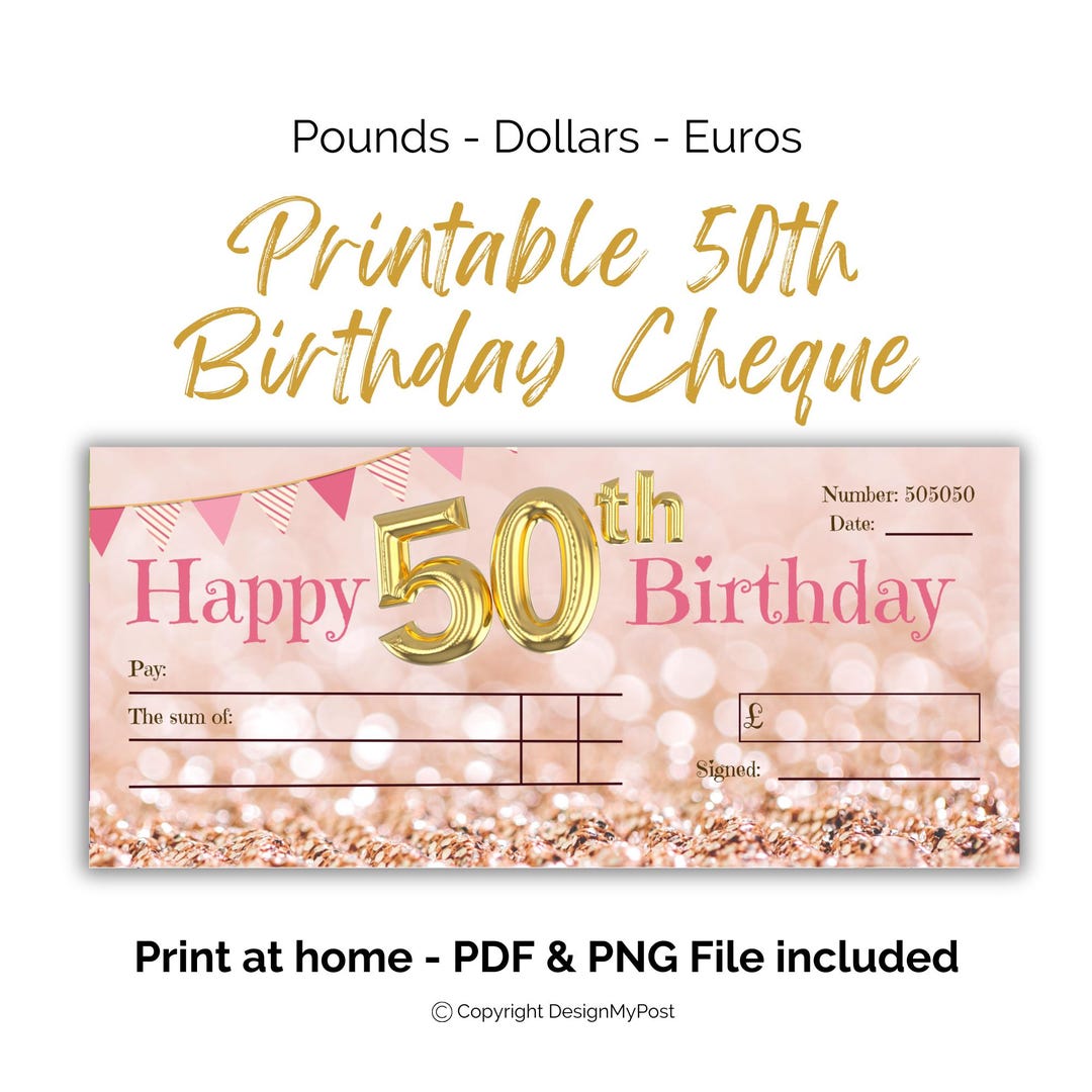 Pink 50th Birthday Fake Cheque. Printable Gift Blank Cheque Template in ...