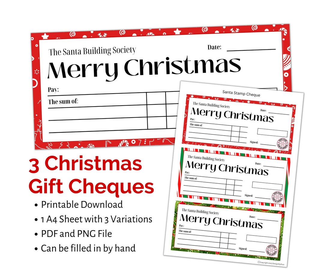 Festive Christmas Blank Gift Cheques: Printable Xmas Money Gift (PDF ...