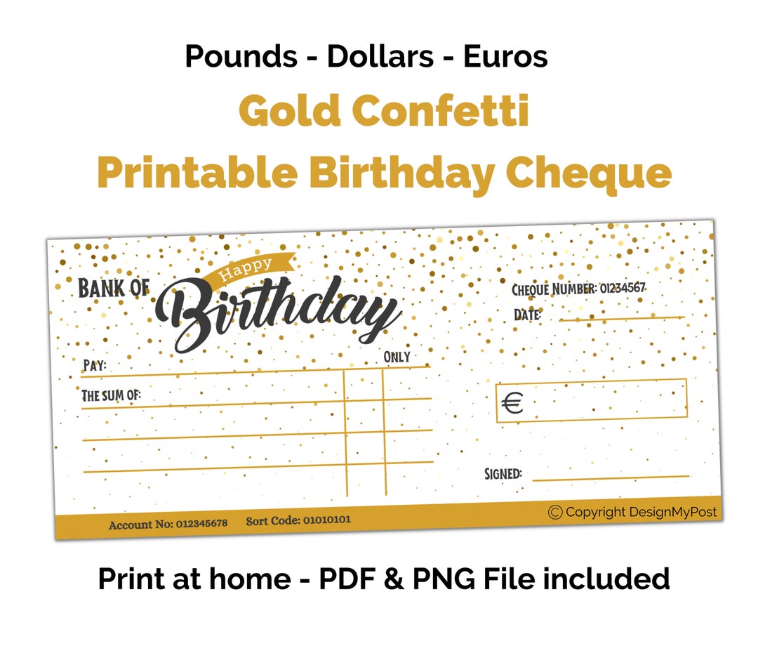 Gold Printable Birthday Cheque. Gift Cheque Template. Euros - Etsy