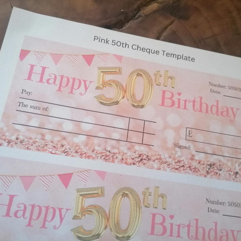 Pink 50th Birthday Fake Cheque. Printable Gift Blank Cheque Template in ...
