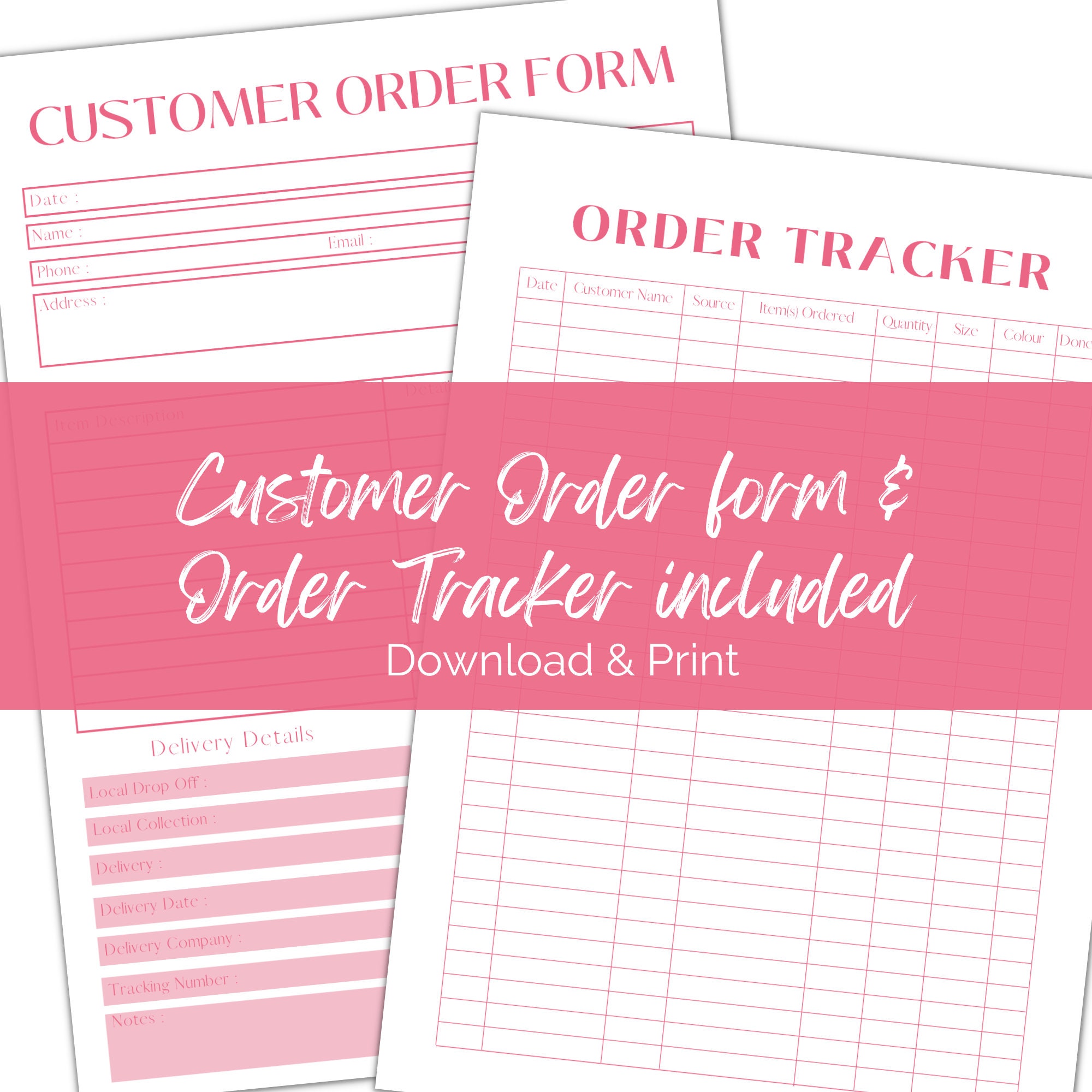Pink Printable Customer Order Form & Order Tracker, Downloadable Small ...