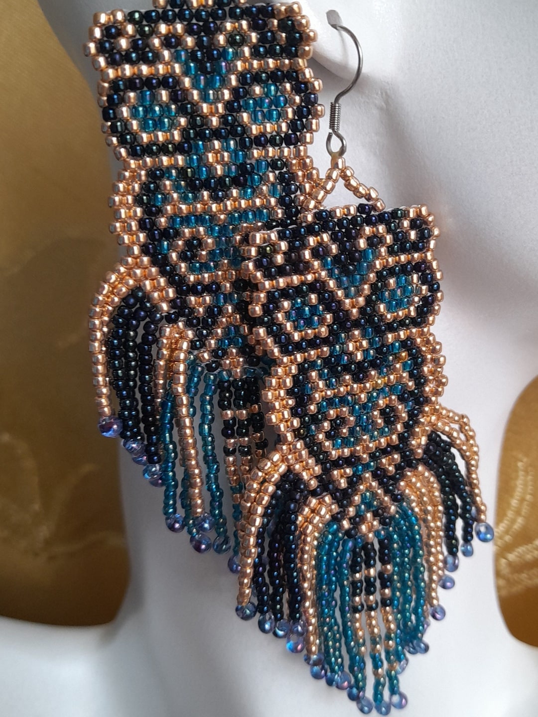 Owl Beaded Earrings, Gold and Blue Earrings, Fringe Earrings - Etsy