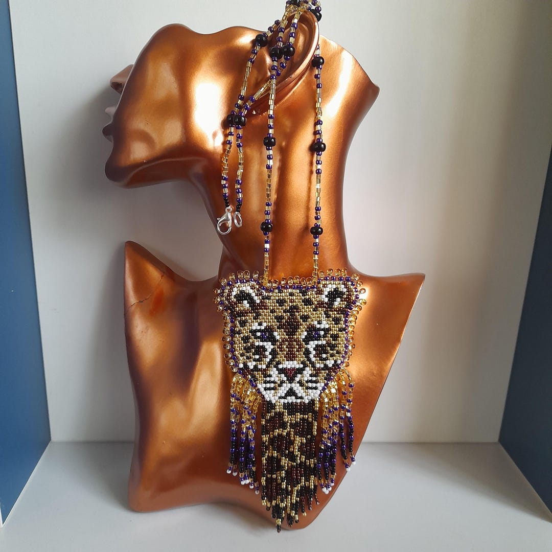Beaded Leopard Necklace, Leopard Head Pendant, Gold and Purple Leopard ...